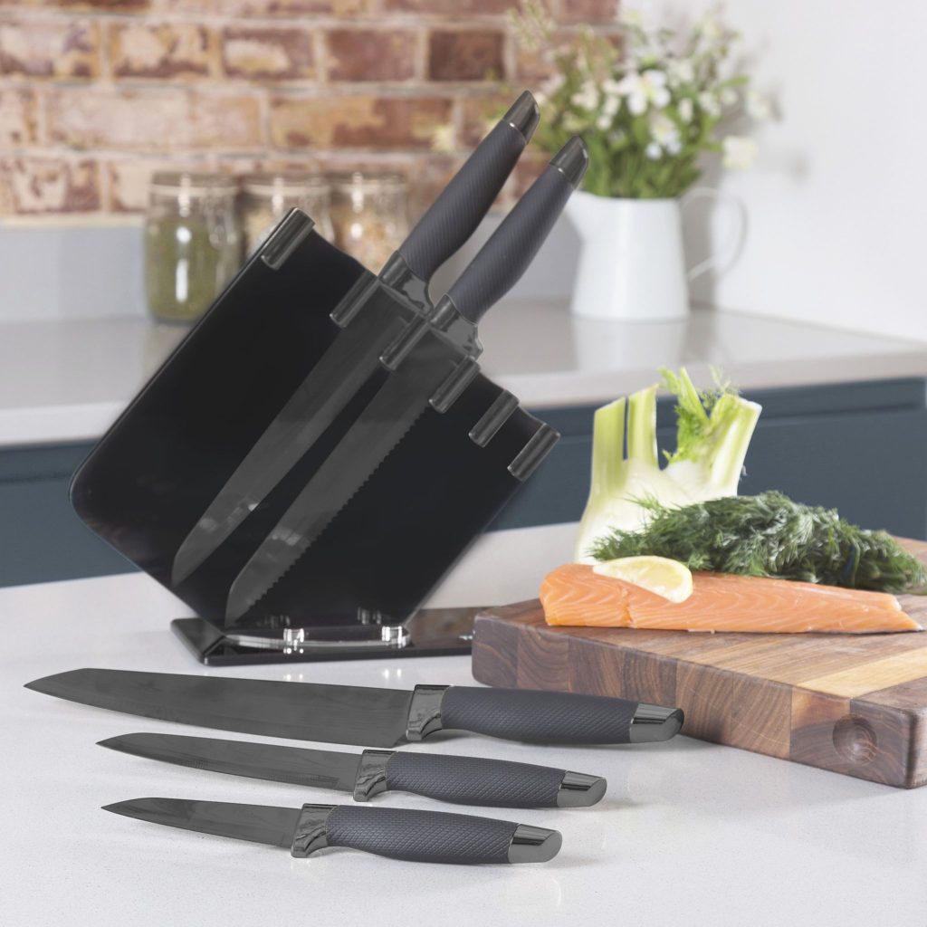 Tower 5-Piece Damascus Effect Knife Set in Mirror Black - Housewares